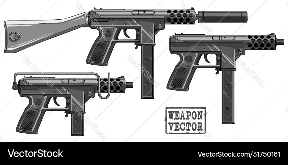 Graphic silhouette submachine gun with ammo clip Vector Image