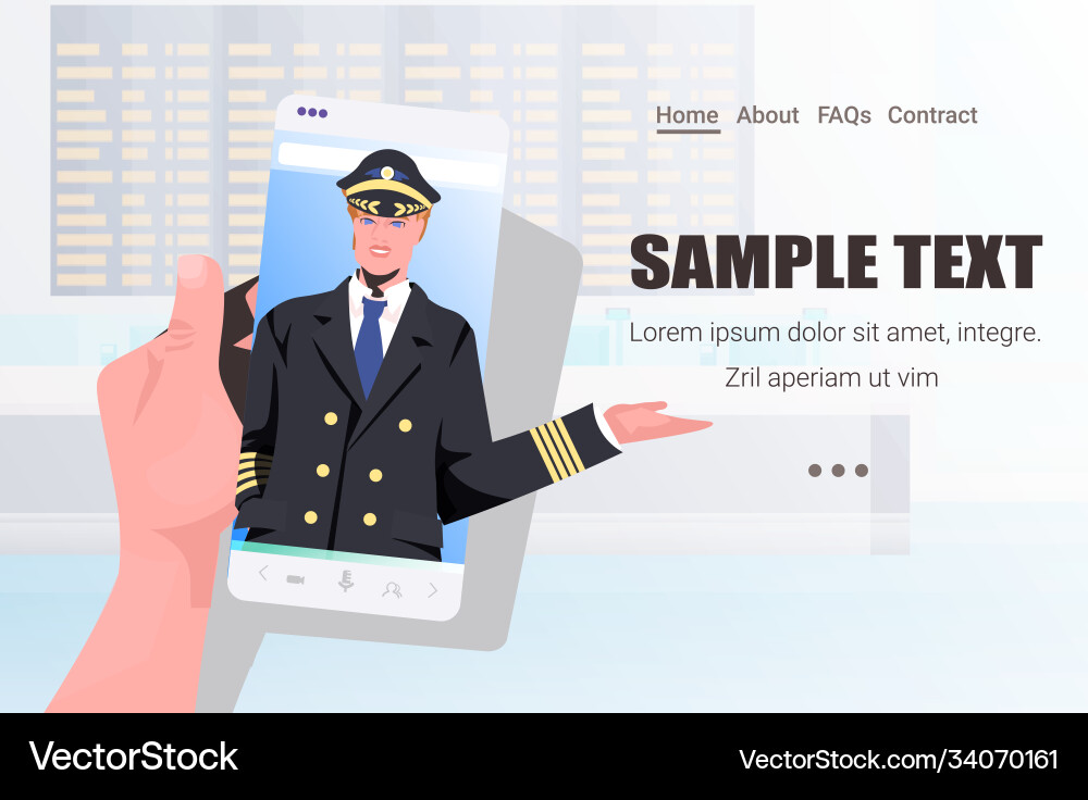 Male pilot in uniform on smartphone screen self Vector Image