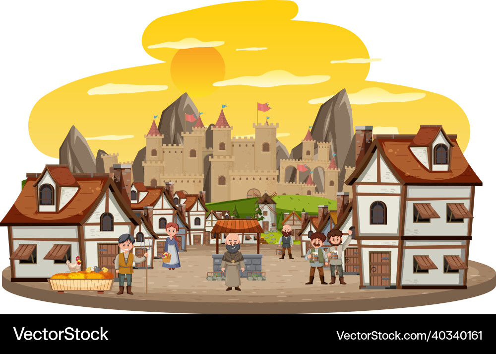 Medieval village with villagers on white Vector Image