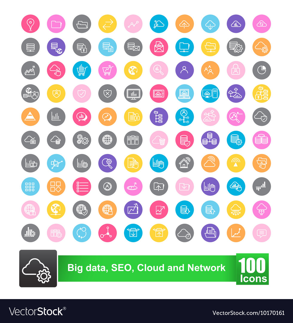 Set of 100 icon with color background big data seo