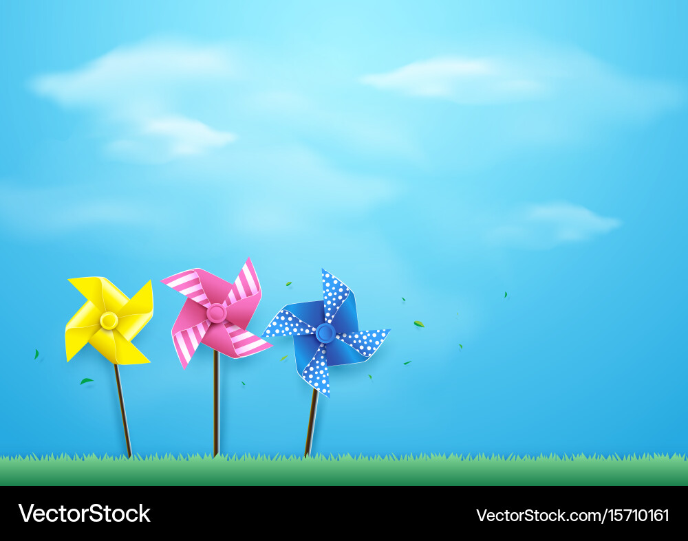 Windmills blowing in the wind on blue sky paper Vector Image