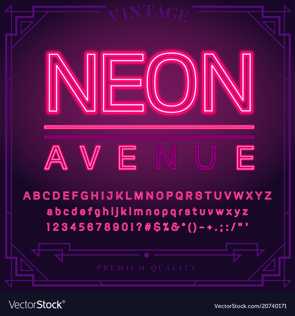 Bright neon alphabet letters numbers and symbols Vector Image