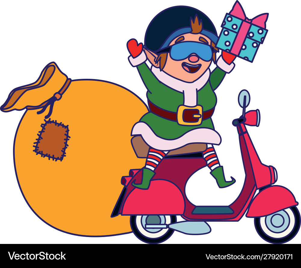 Christmas elf on a motorcycle with bag Royalty Free Vector