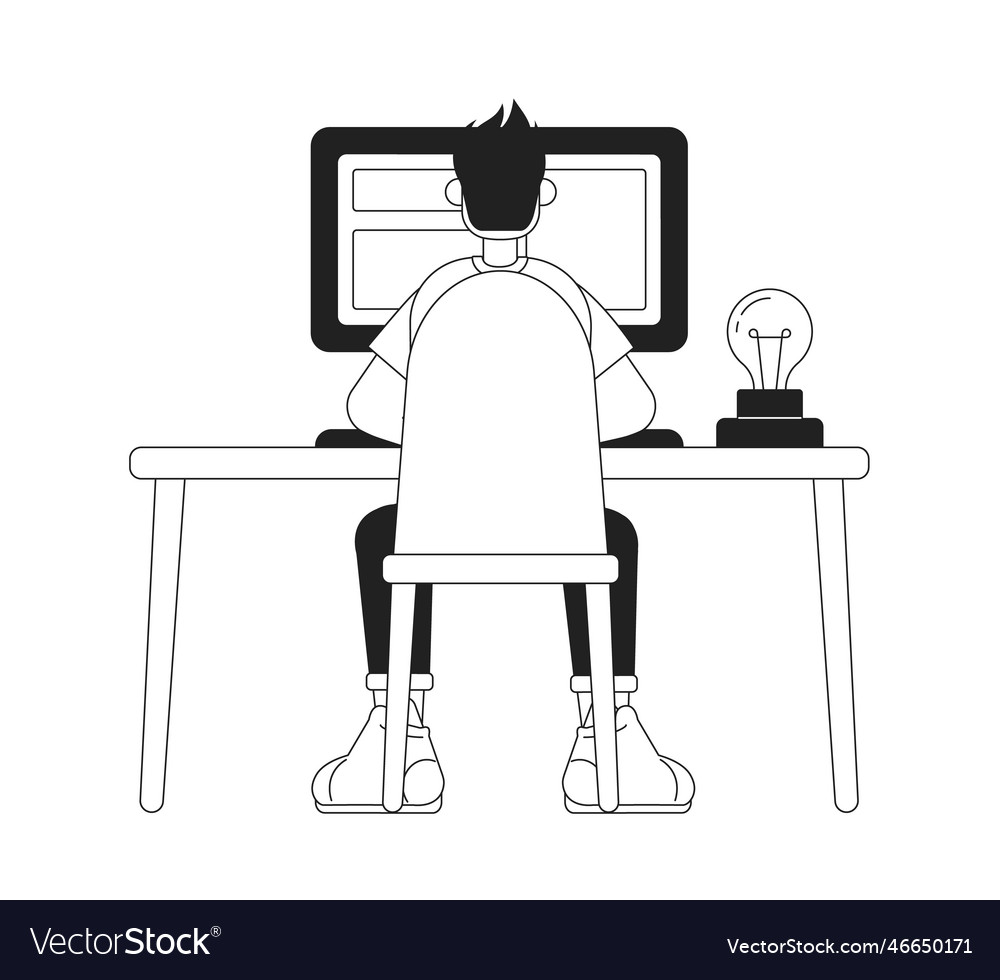 Guy sitting at table with computer monochromatic Vector Image