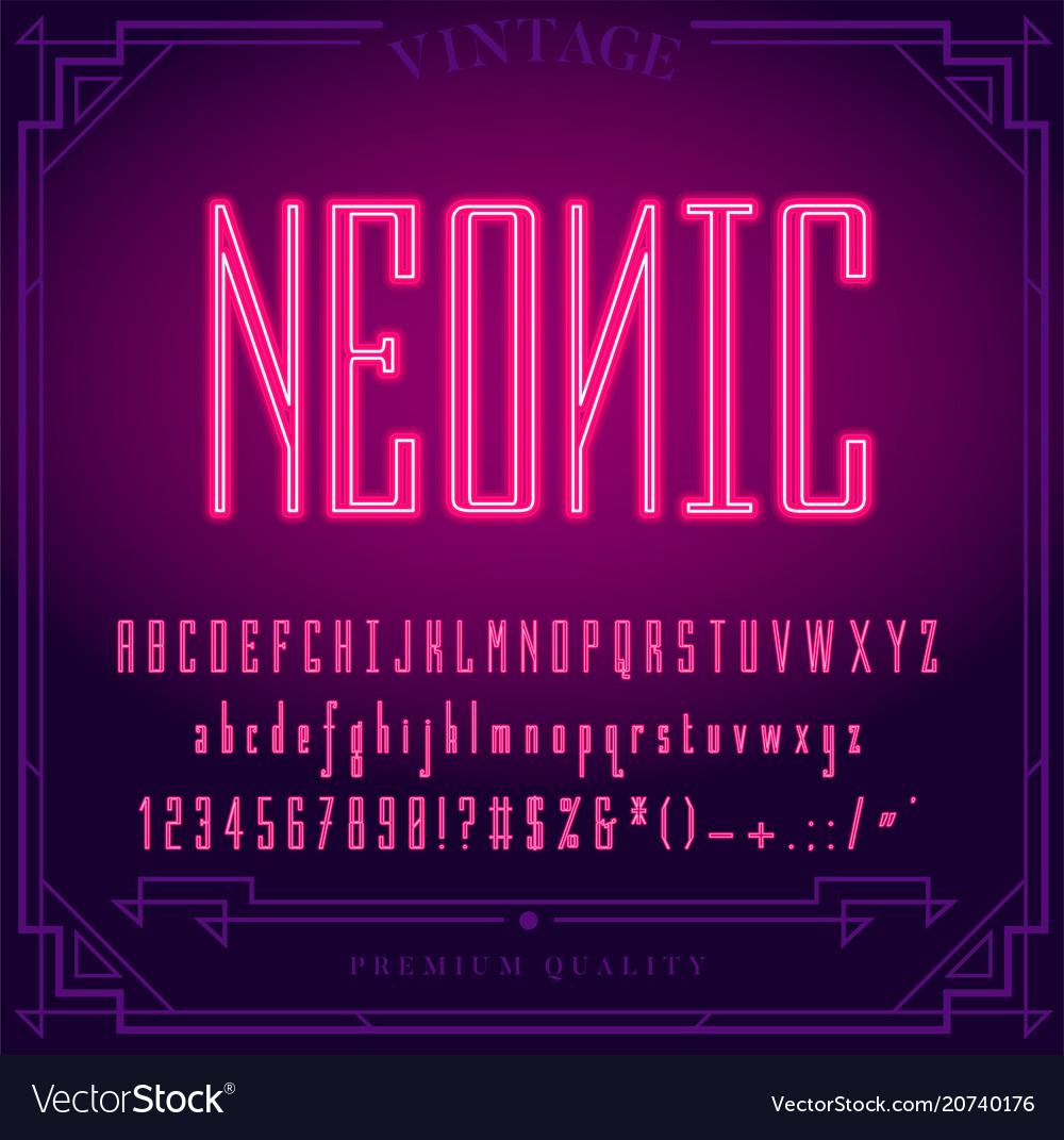 Bright neon alphabet letters numbers and symbols Vector Image