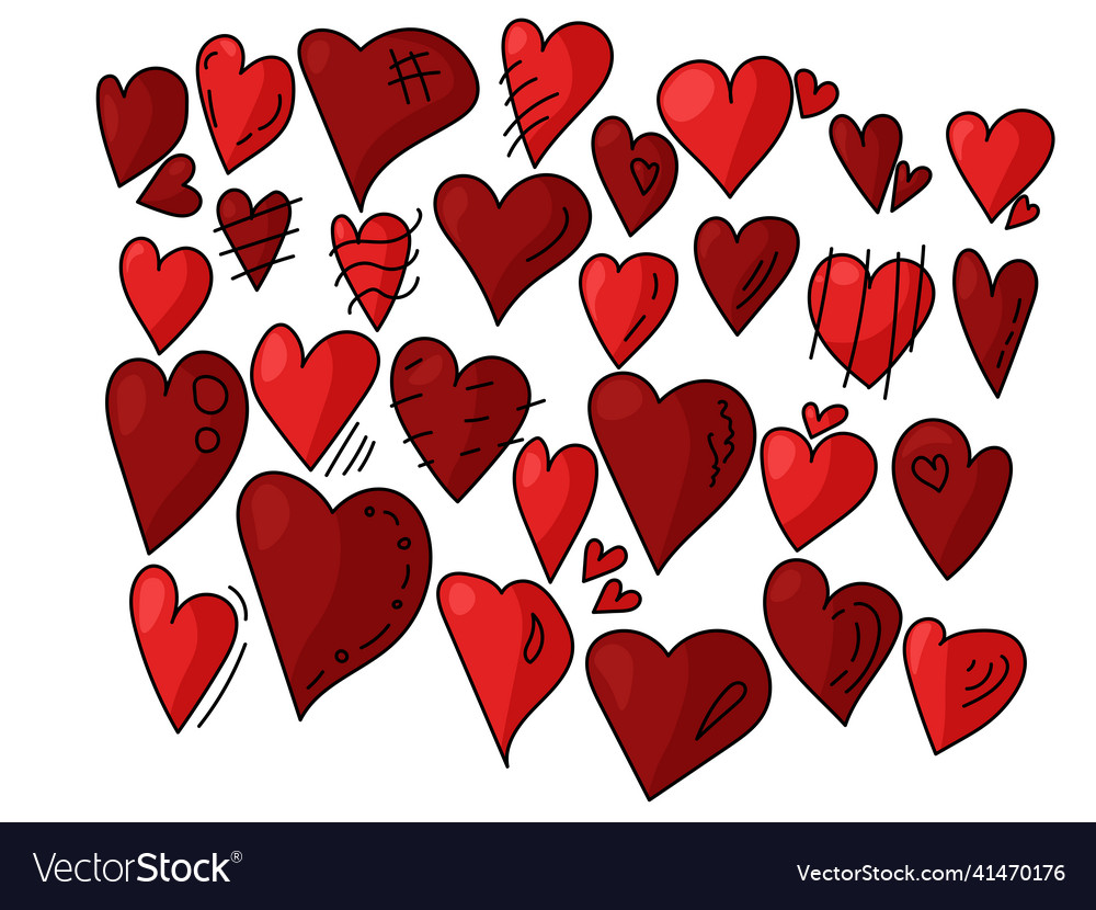 Set of red doodle hearts with black outline Vector Image