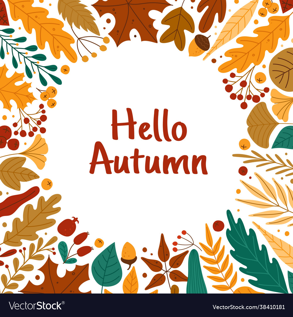 Autumn leaves frame hello banner with red Vector Image