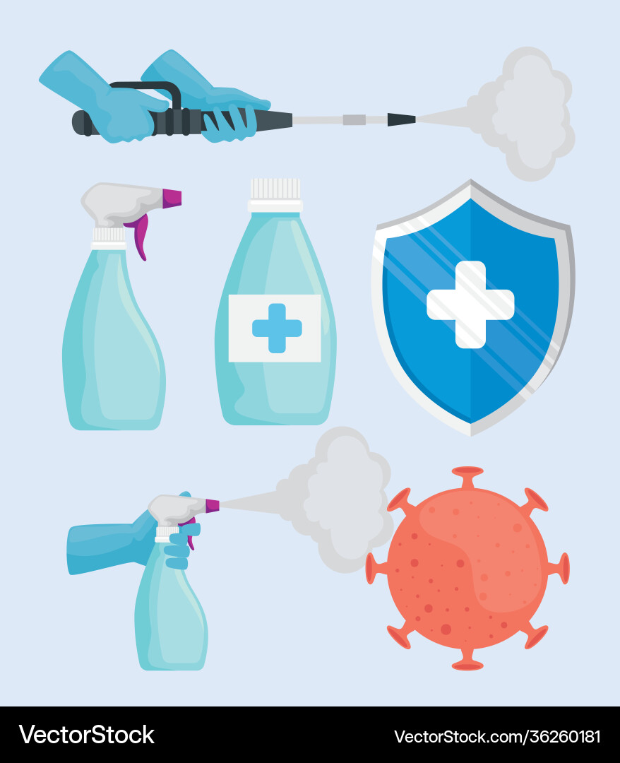 Bundle six disinfectant for covid19 set icons Vector Image
