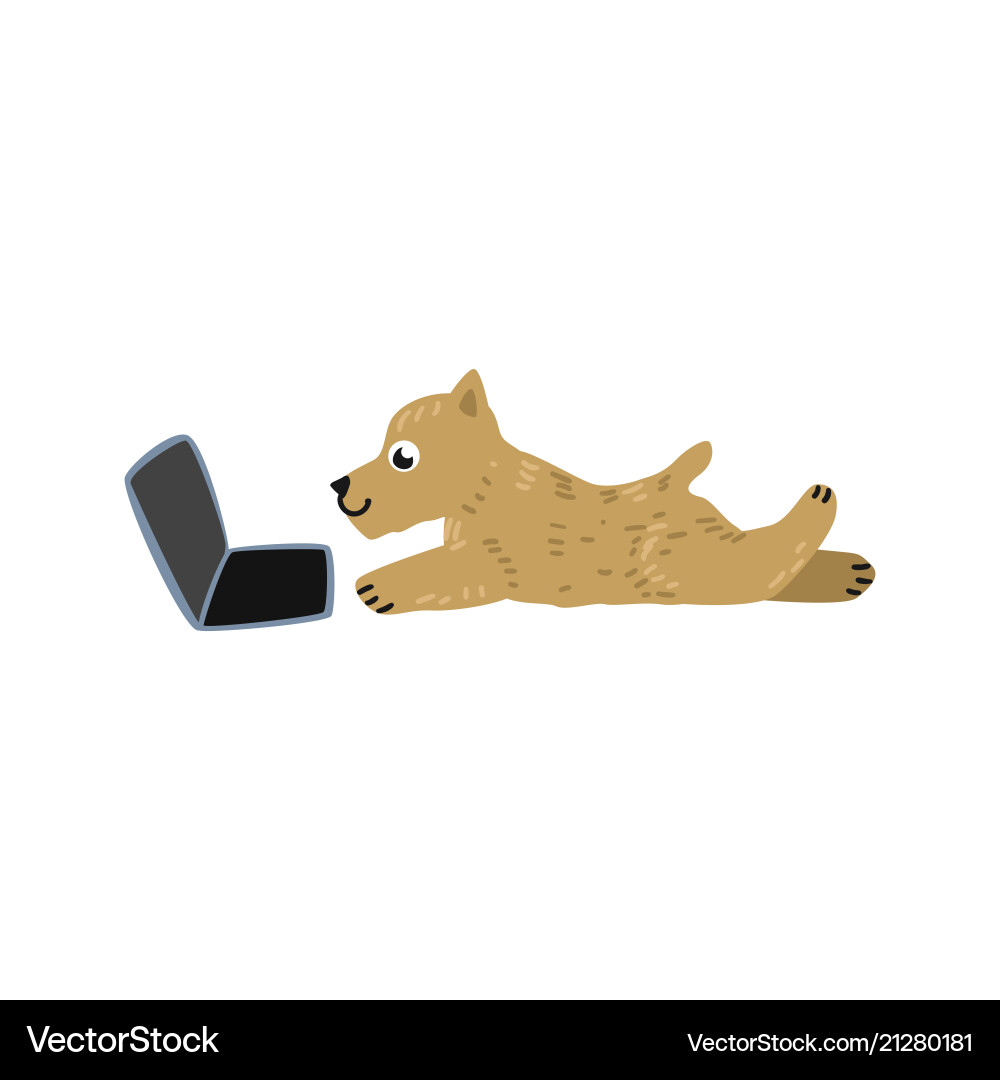 Cartoon dog lying behind laptop Royalty Free Vector Image