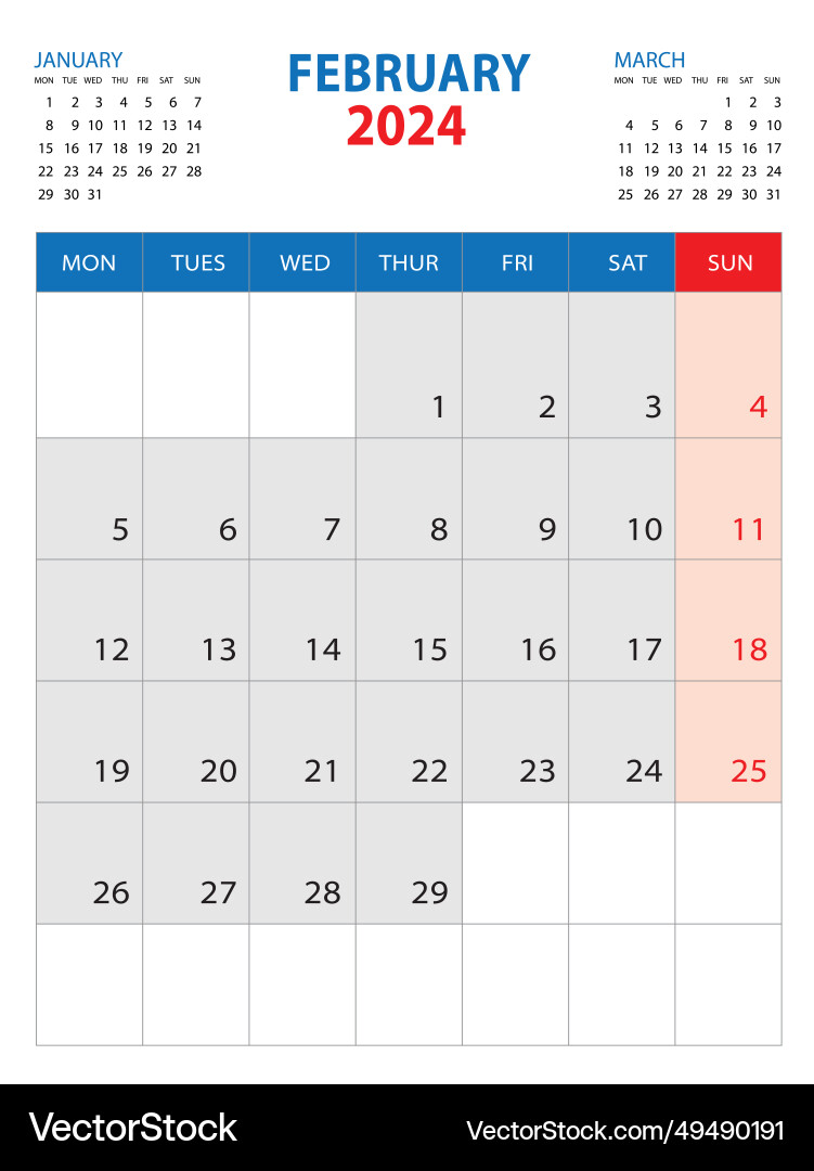Calendar 2024 template - february year week Vector Image