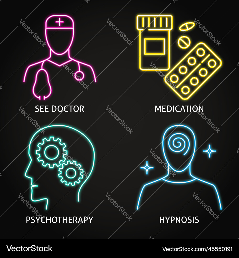 Neon medical stress relief icon set Royalty Free Vector