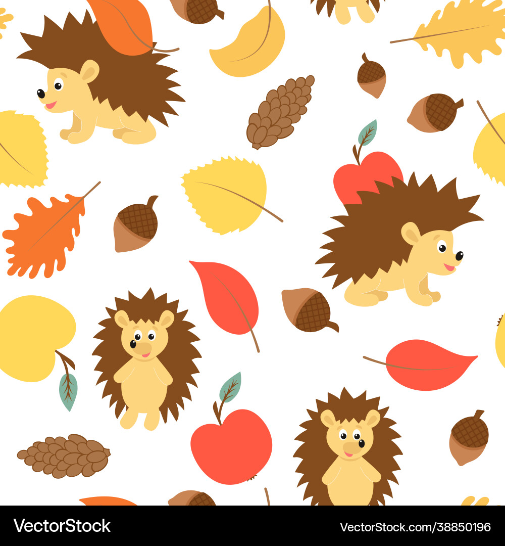 Hedgehog apple leaf and acorn seamless autumn Vector Image
