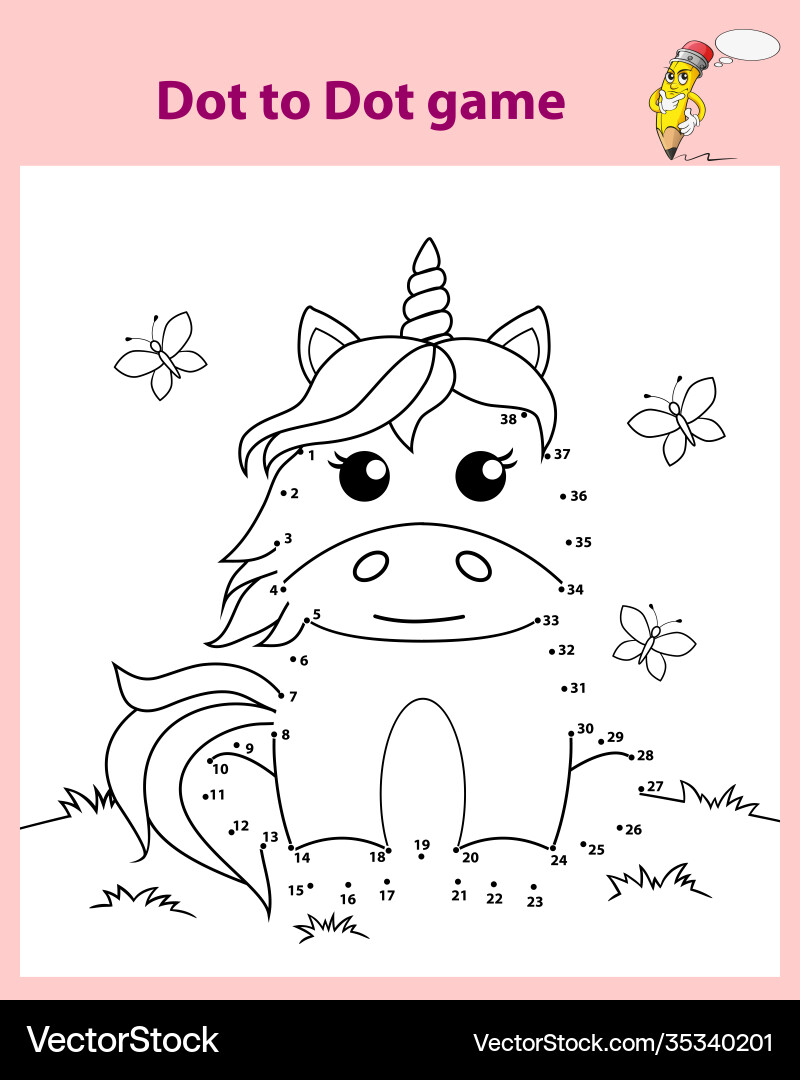 Cute cartoon sitting unicorn dot to game Vector Image