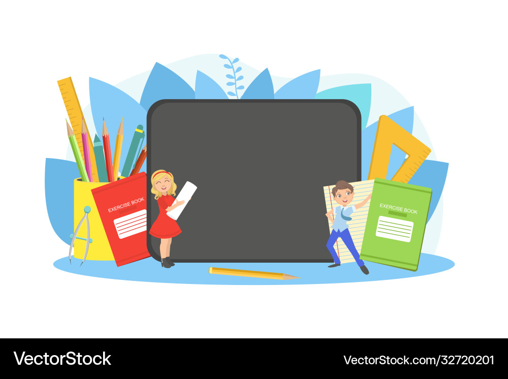Kids studying with huge school supplies Royalty Free Vector