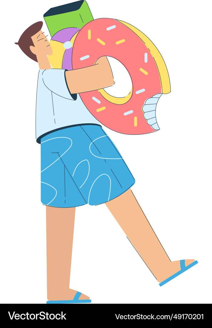 Man character carry ball and rubber ring enjoying Vector Image