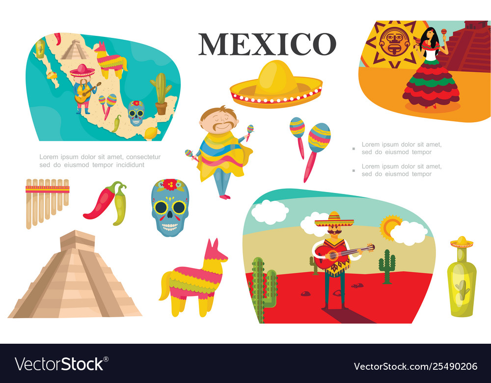 Flat mexican elements composition Royalty Free Vector Image