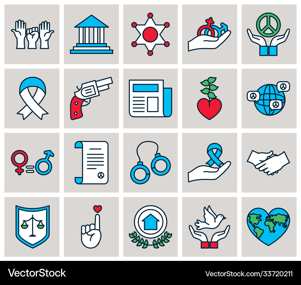 Revolutions hands and justice icon set line Vector Image