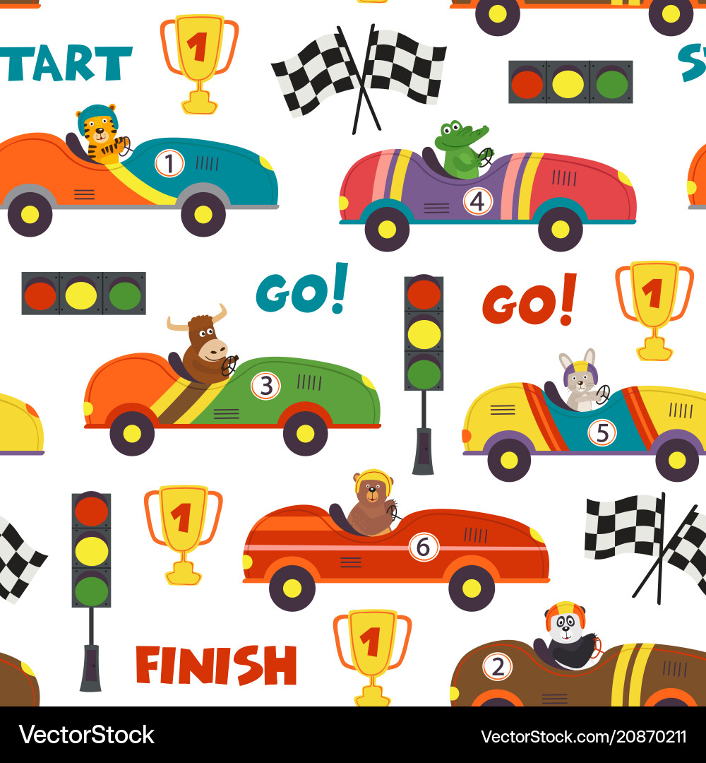 Seamless pattern with race cars and animals Vector Image