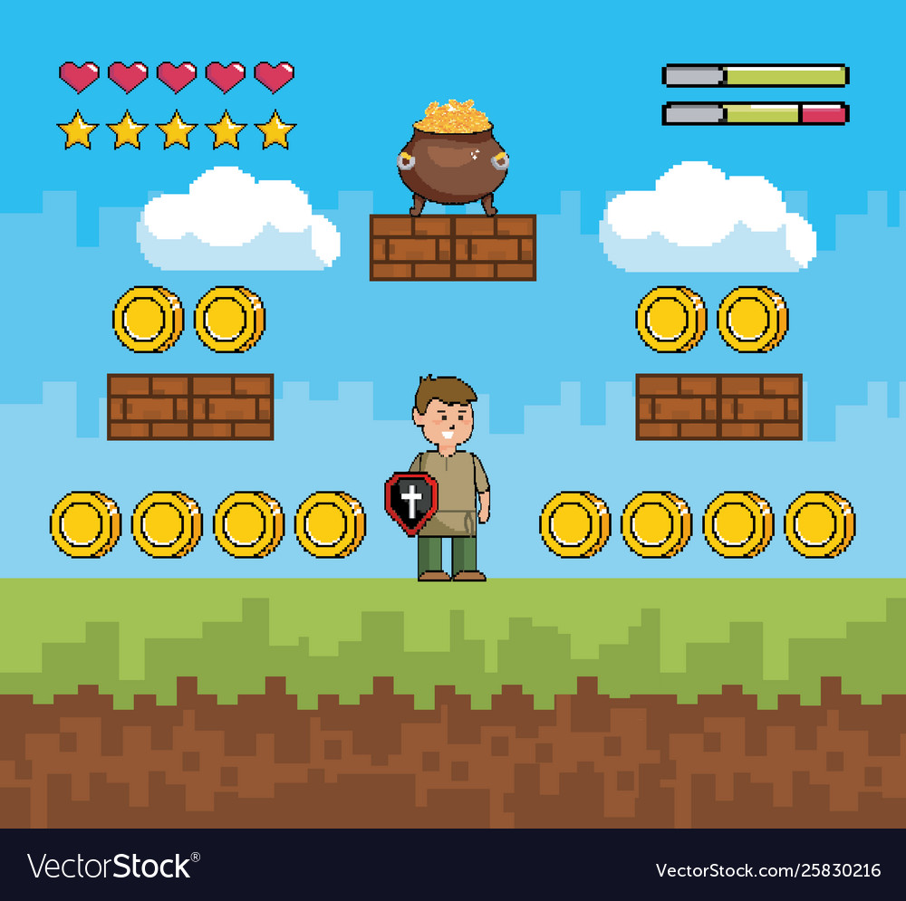 Arcade game world and pixel scene design Vector Image