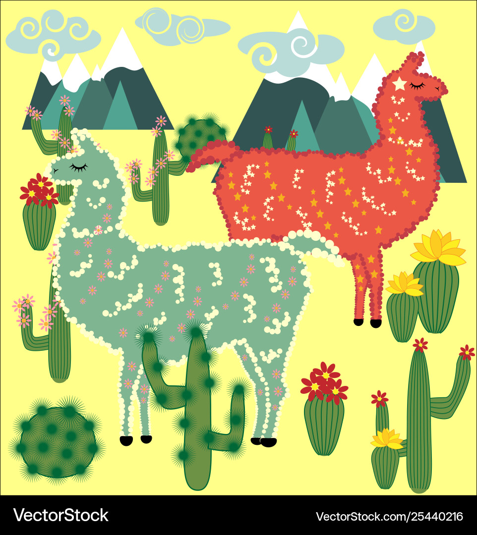Cute alpaca llama animals and cactus Royalty Free Vector