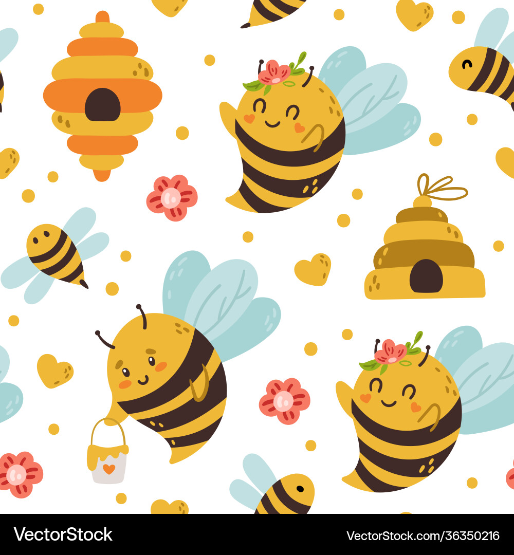 Honey bee cartoon kids seamless pattern or digital