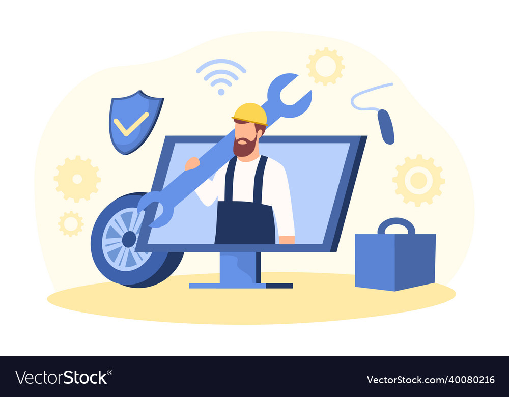 Mechanic on computer Royalty Free Vector Image