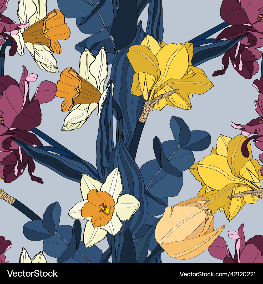 Bright spring flowers tulips daffodils seamless Vector Image