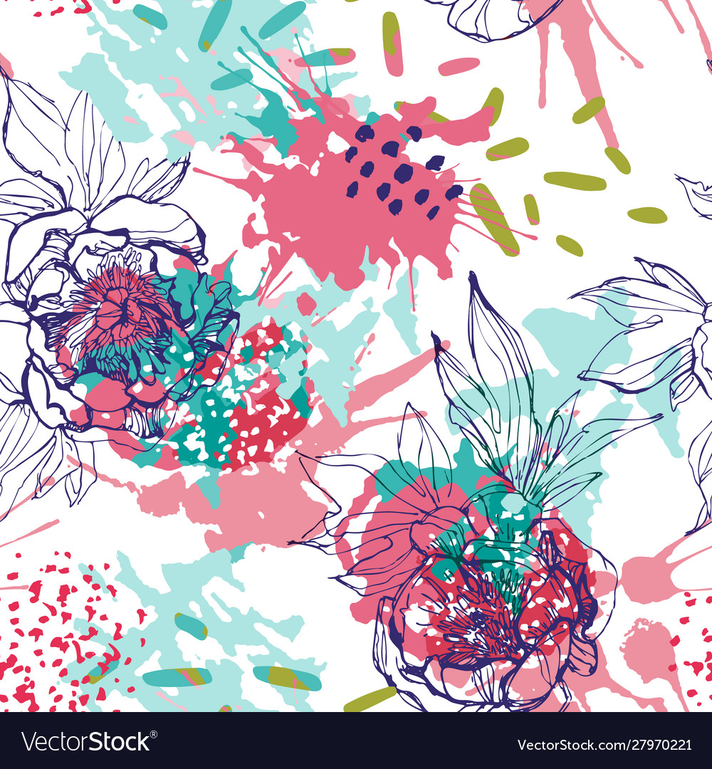 Line sketch peonies seamless pattern Royalty Free Vector