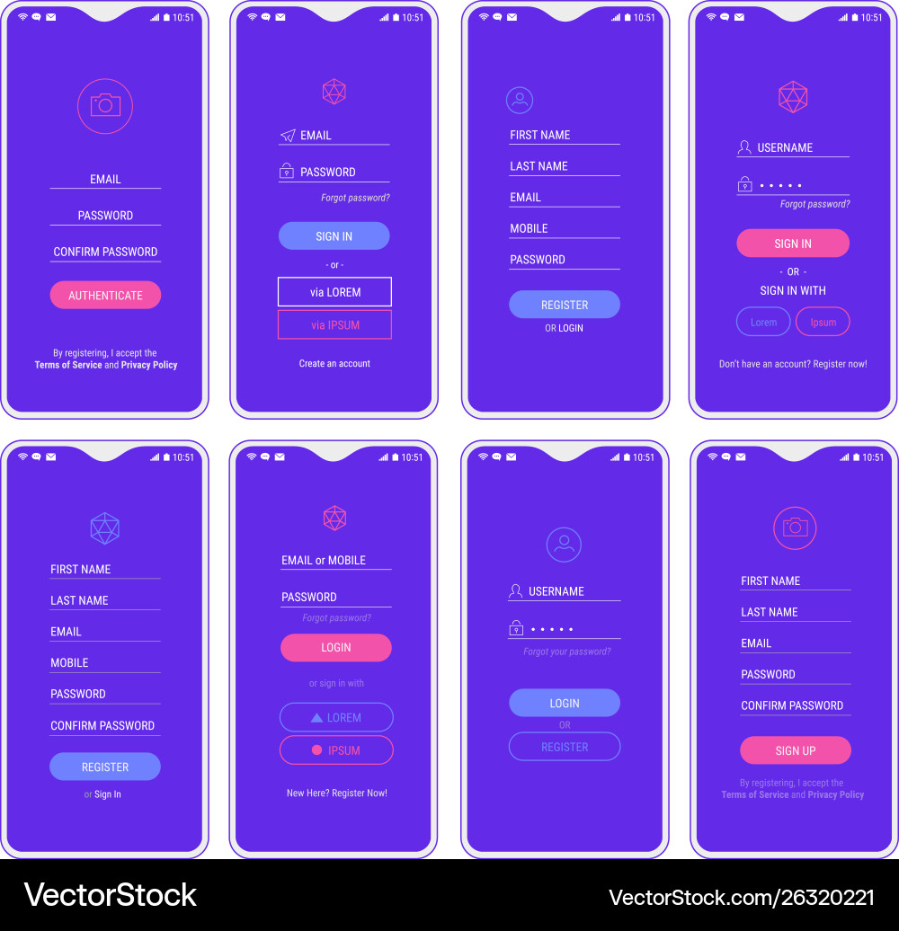 Mobile app ui sign in and up screens mockup Vector Image