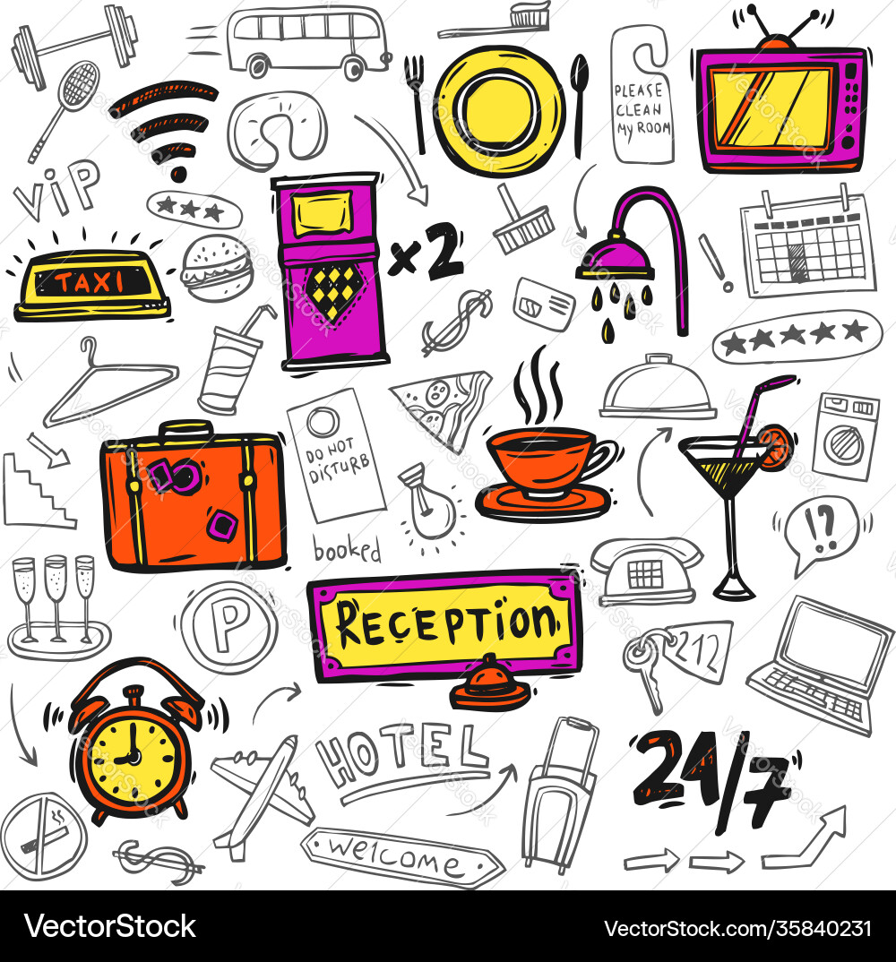 Hotel service icons doodle sketch Royalty Free Vector Image
