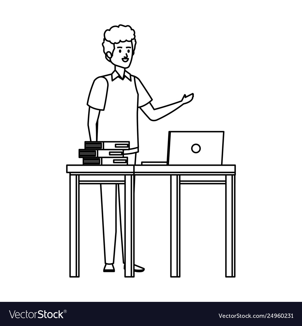 Young teacher in desk with laptop and books Vector Image