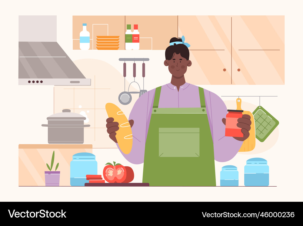 Person cooking in kitchen man holding bread Vector Image