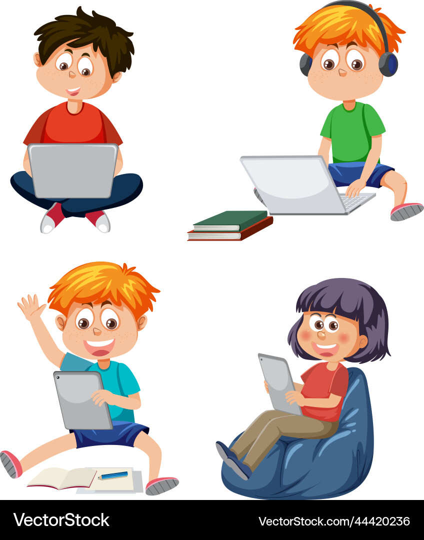 Set of kids using tablet and laptop Royalty Free Vector