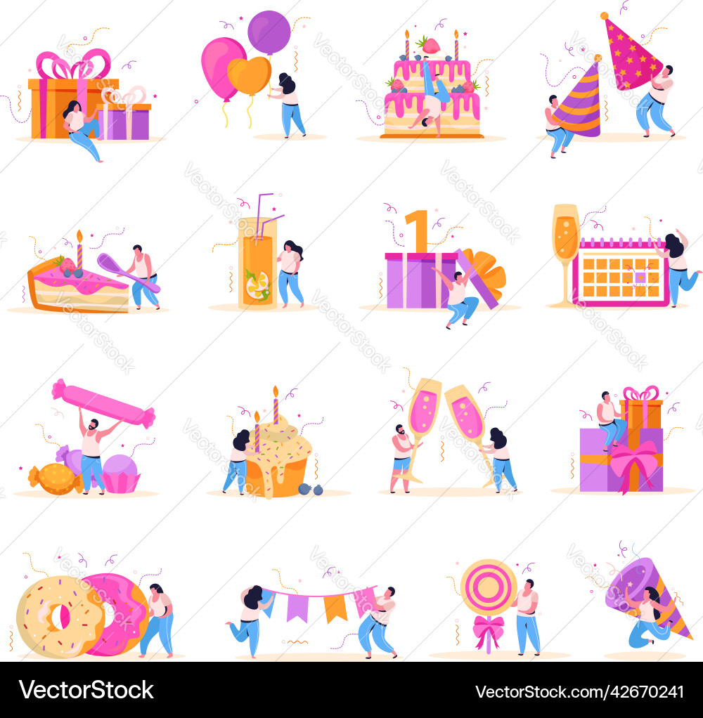 Birthday flat icon set Royalty Free Vector Image