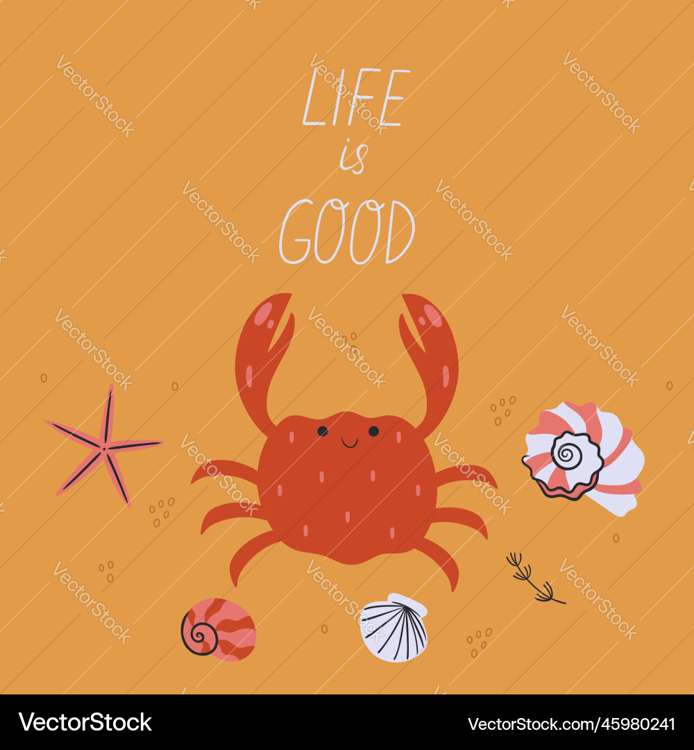 Nautical card with cute crab and shells image Vector Image