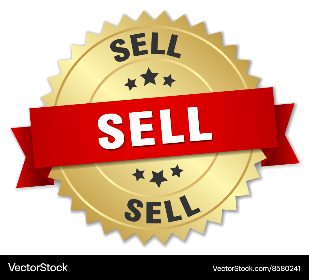 Sell 3d gold badge with red ribbon Royalty Free Vector Image