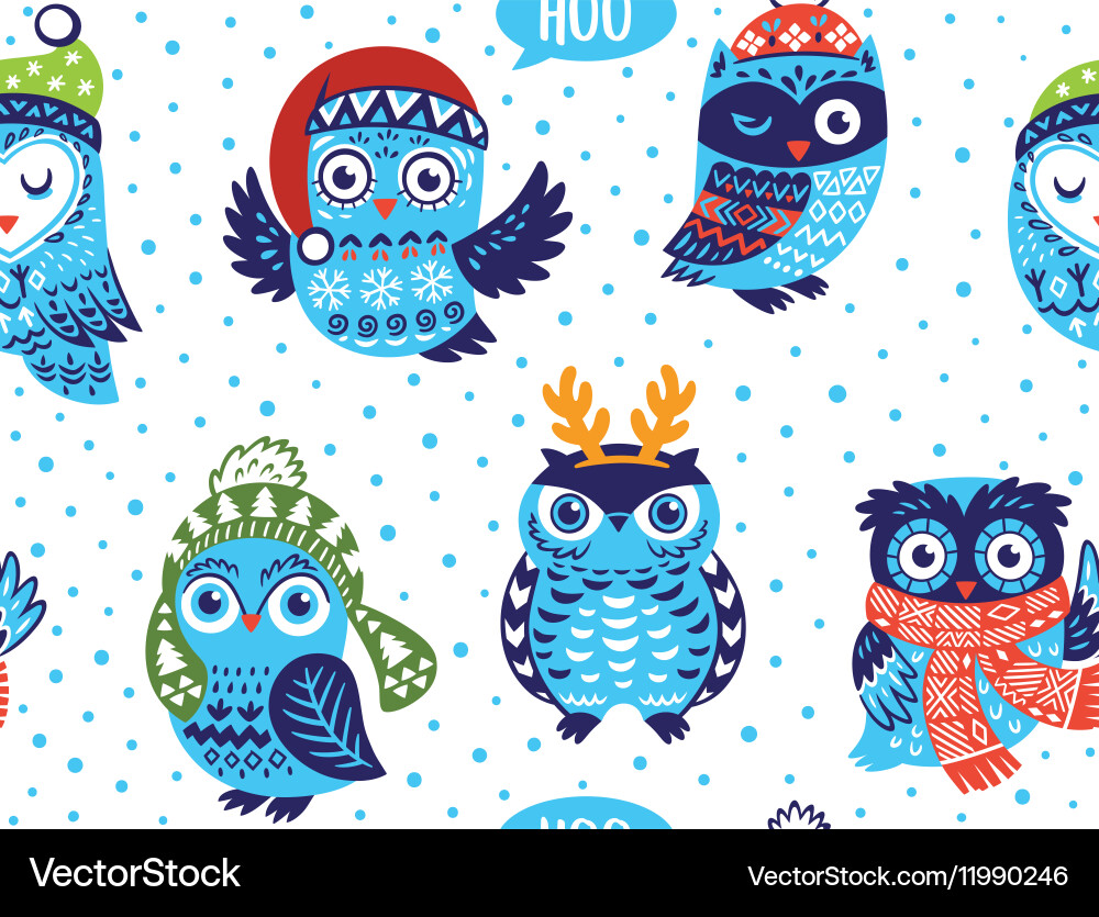 Winter seamless pattern with cute owls Royalty Free Vector