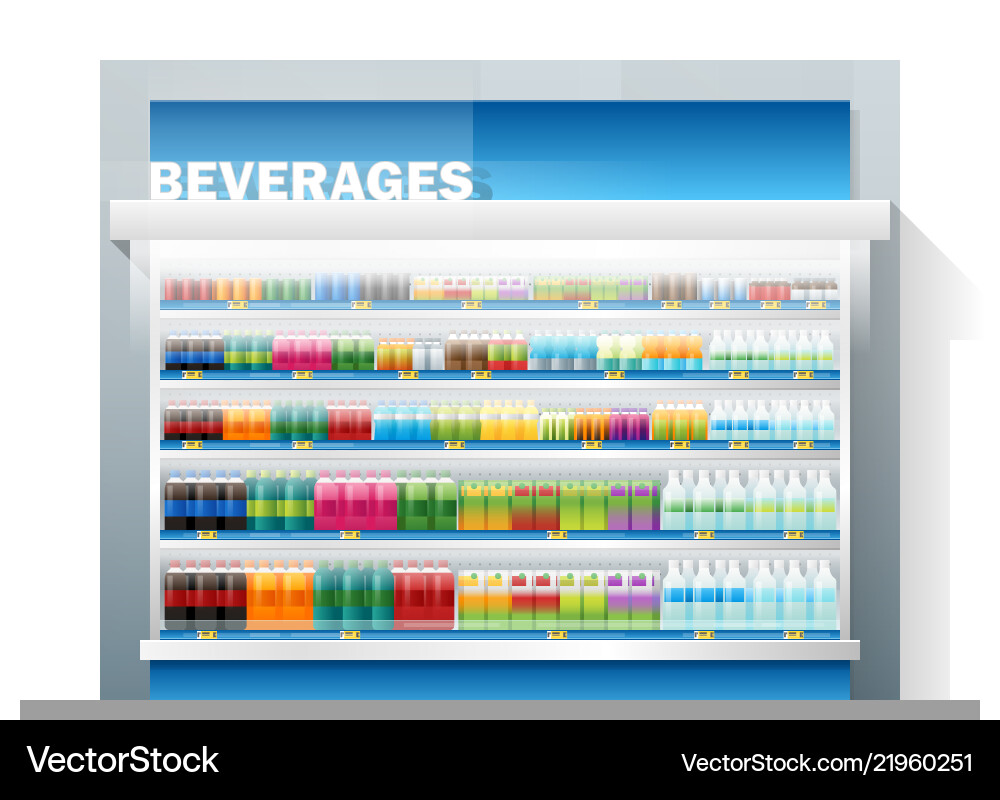 Beverages display on shelf in supermarket Vector Image