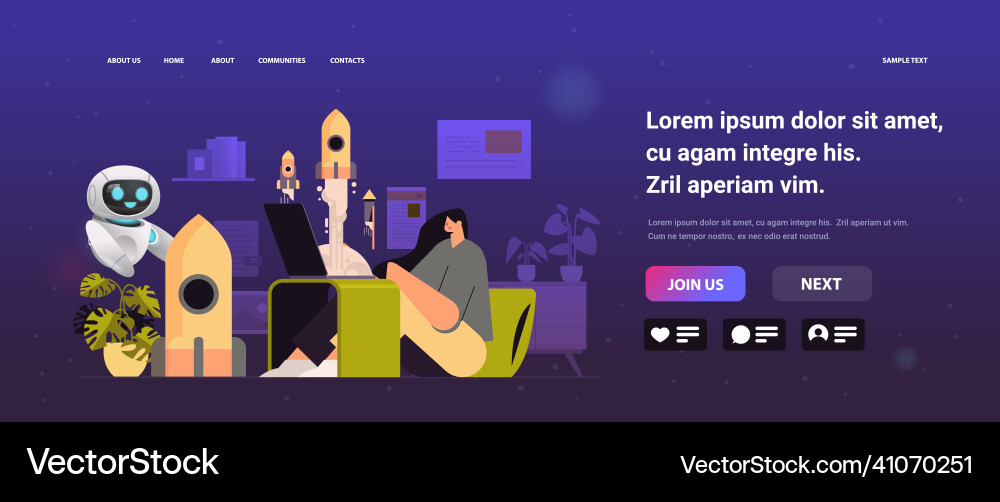 Businesswoman with robot helper launching rocket Vector Image