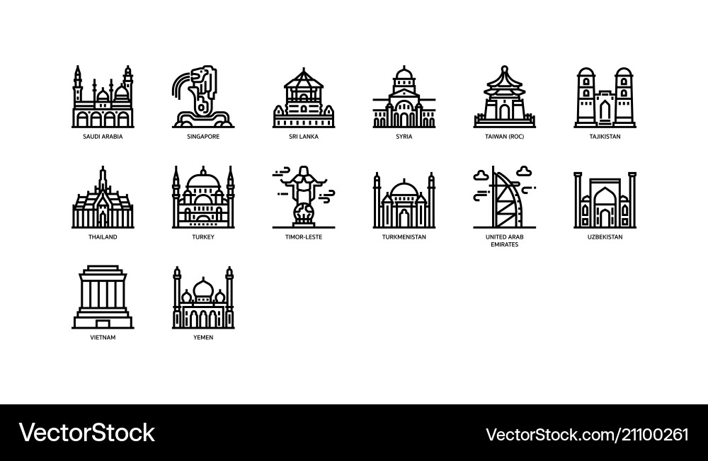 Asian cities landmarks icons set 3 Royalty Free Vector Image