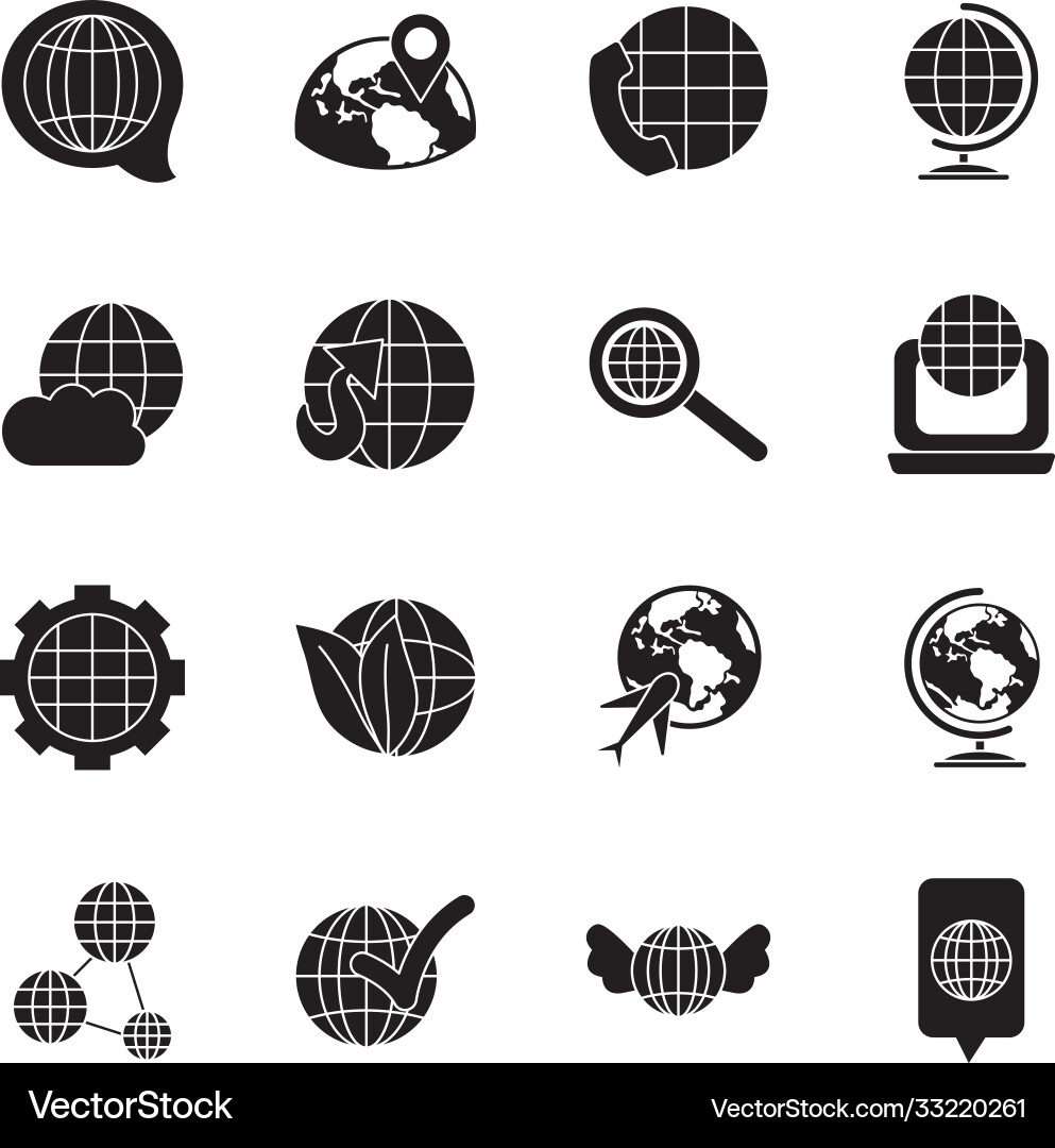 Magnifying glass and world icon set silhouette Vector Image