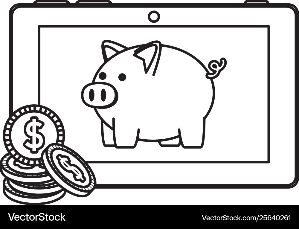 Tablet with piggy savings and coins ecommerce Vector Image