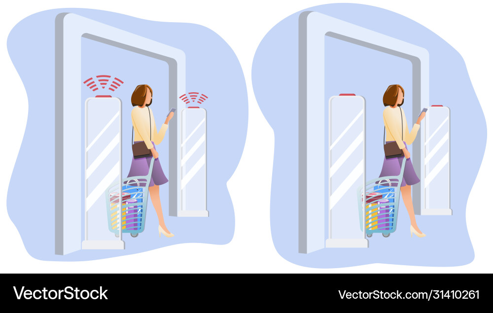 Woman goes through anti-theft sensor gates system Vector Image