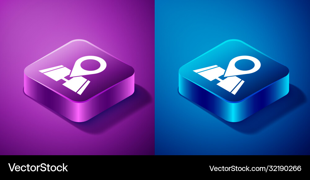 Isometric map pin icon isolated on blue and purple