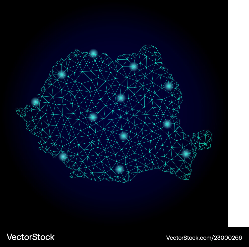 Polygonal carcass mesh map of romania with light Vector Image