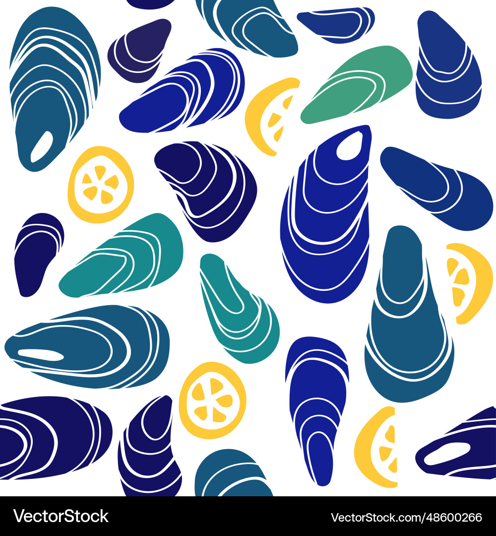 Seamless pattern with colorful mussels and lemons Vector Image