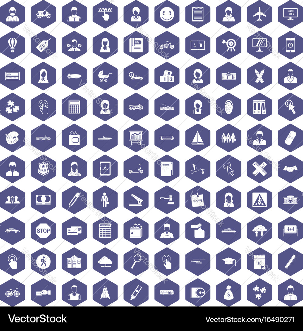 100 initiation icons hexagon purple Royalty Free Vector