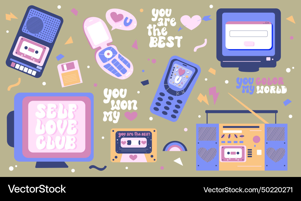 Y2k retro devices in love and self concept Vector Image