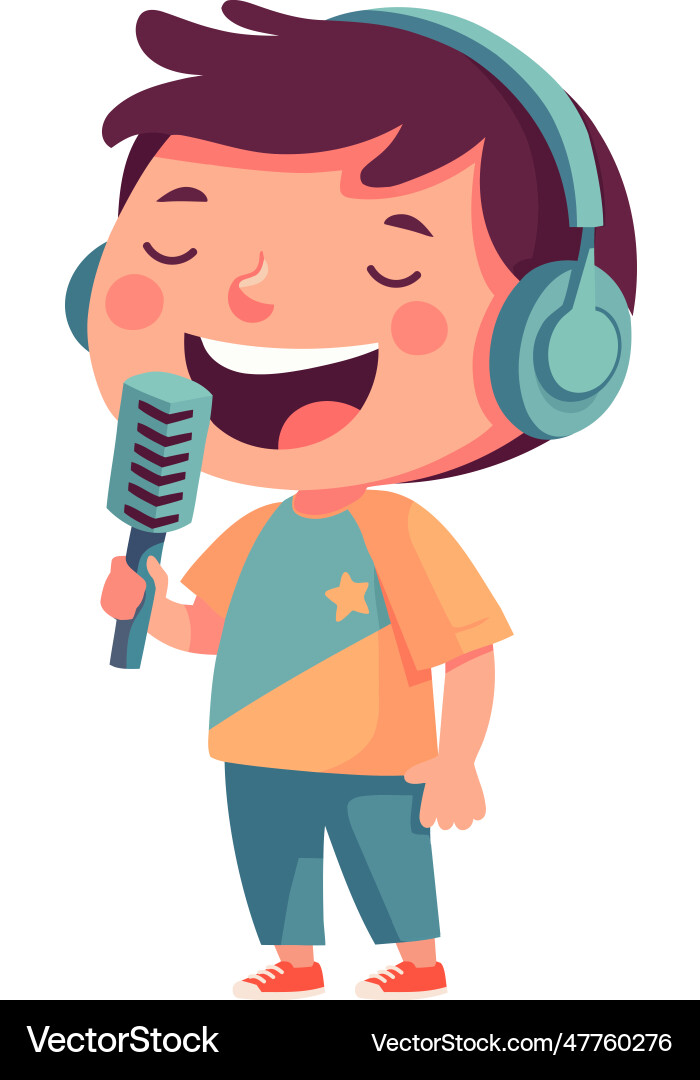 Smiling child musician singing with microphone Vector Image