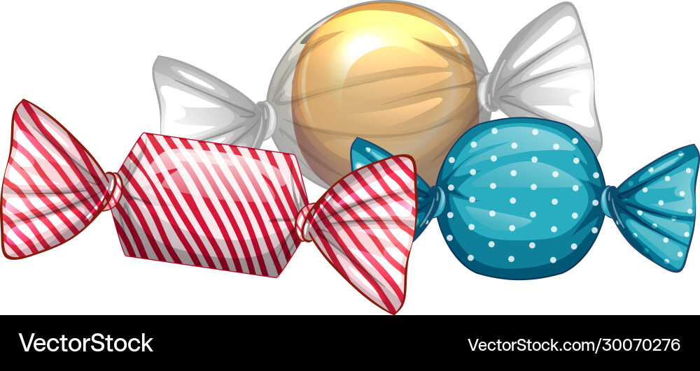 Three candies in colorful wrappers on white Vector Image
